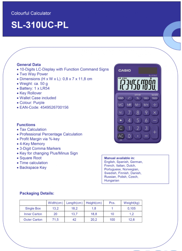 CASIO KALKULATOR SL310 UC LJUBIČASTA - Papagaj